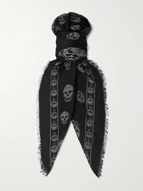 Alexander McQueen Fringed Printed Modal And Silk-blend Scarf - Black