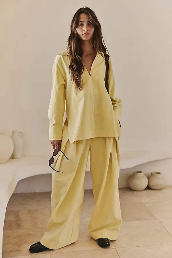Free People Collared Pullover And Wide-leg Pants Set - Banana Cream