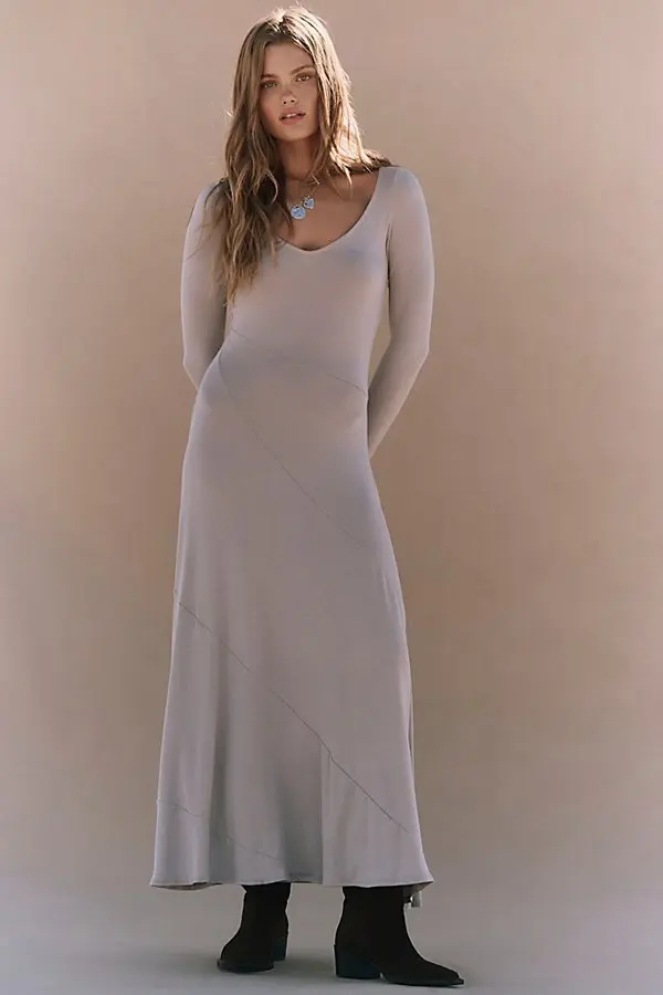 Free People Tatiana Maxi Dress With Scoop Neck And Long Sleeves - Silver