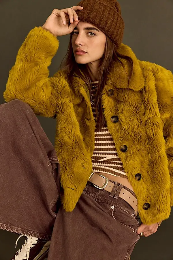 Free People Alice Throw On Faux Fur Jacket - Lemon Party