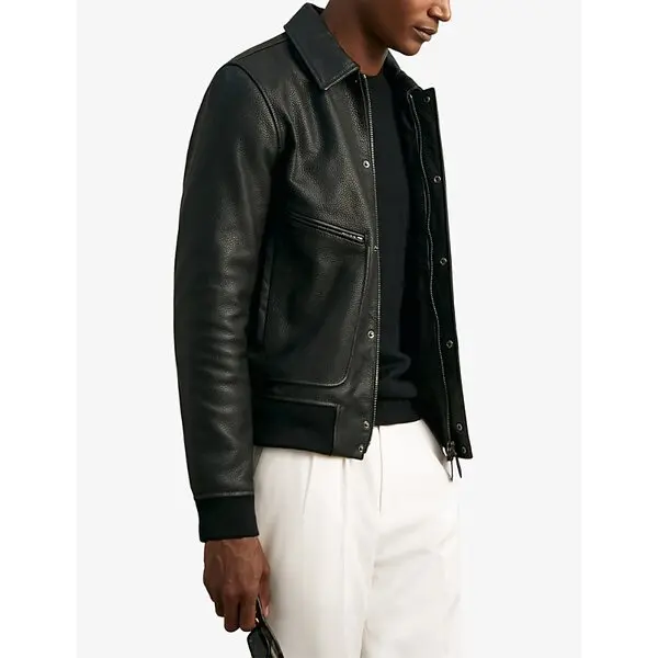 REISS Grained-texture Leather Jacket