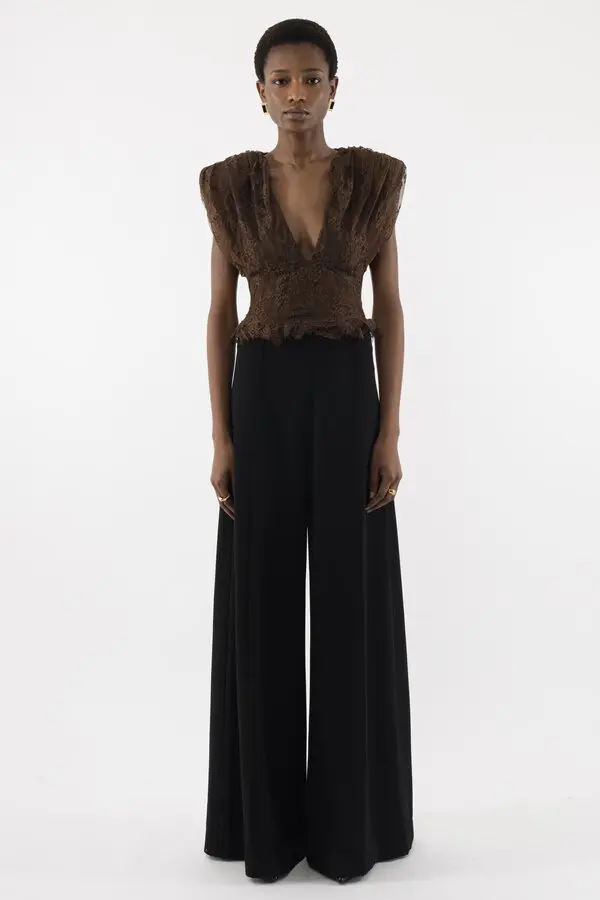 Arakii Deep V-neck Lace Top - Brown