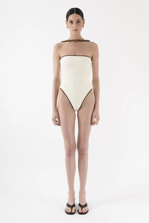 Arakii Bandeau Swimsuit With Beaded Belt - Off-white