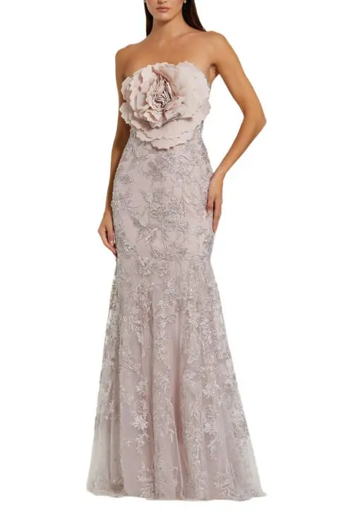 Mac Duggal Beaded Applique Mermaid Gown With Floral Detail - Mocha