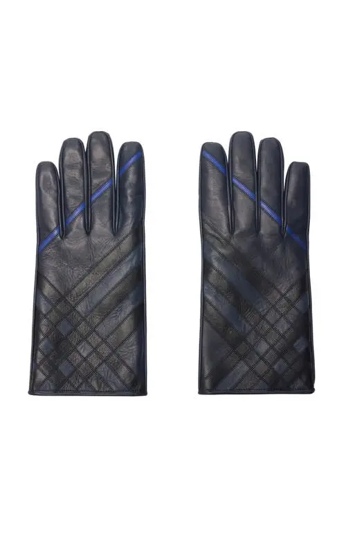 Burberry Check Intarsia Leather Gloves - Storm Blue