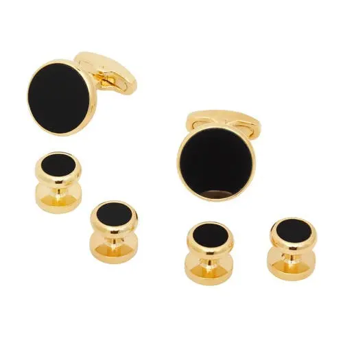 LINK UP Classic Round Gold Plated Gemstone Cufflinks And Tuxedo Studs - Black/gold