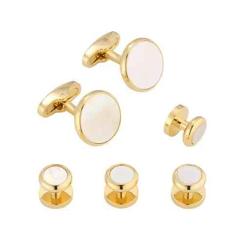LINK UP Classic Round Gold Plated Gemstone Cufflinks And Tuxedo Studs - White/gold