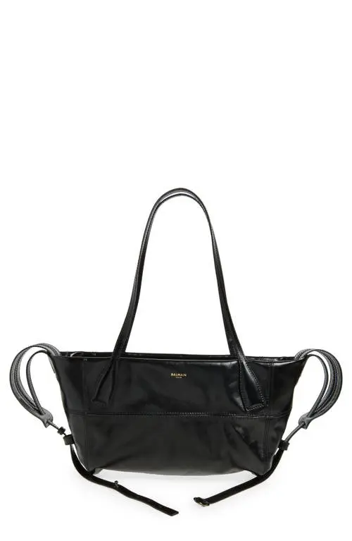 Balmain Small Track Shiny Leather Tote - Black