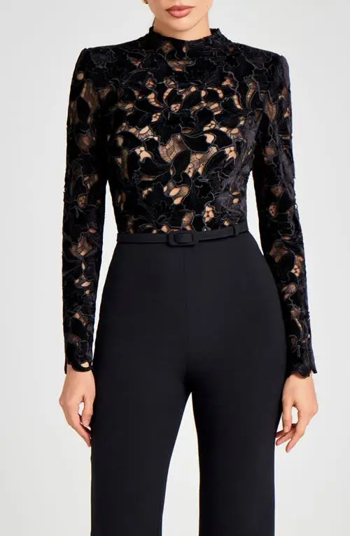 NADINE MERABI Lace Mock Neck Velvet Jumpsuit - Black
