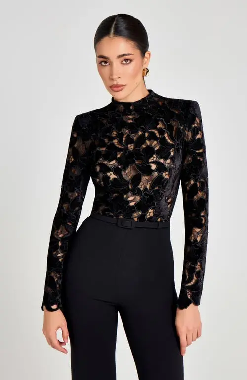 NADINE MERABI Lace Mock Neck Velvet Jumpsuit