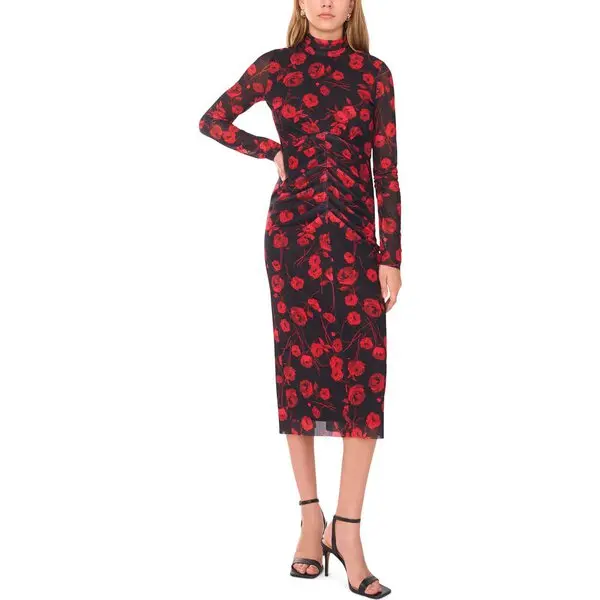 1.State Printed Long Sleeve Mesh Midi Dress