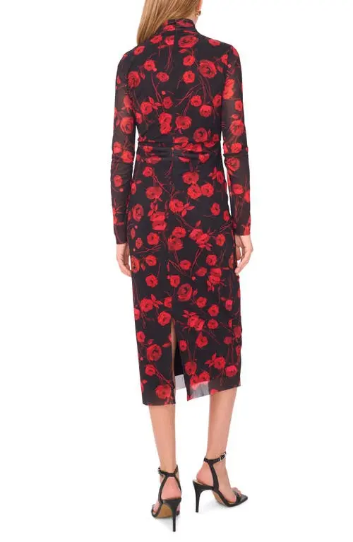 1.State Printed Long Sleeve Mesh Midi Dress
