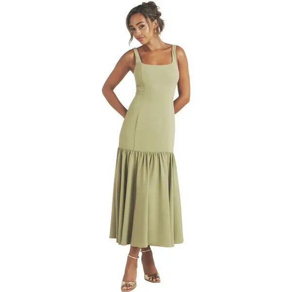 SIX STORIES Square Neck Drop Hem Midi Dress - Sage