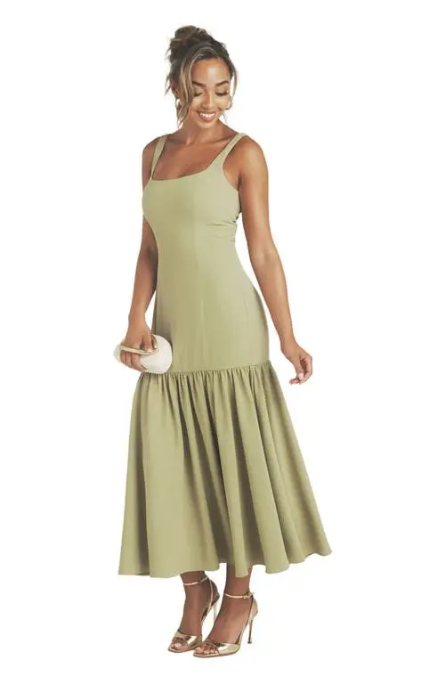 SIX STORIES Square Neck Drop Hem Midi Dress