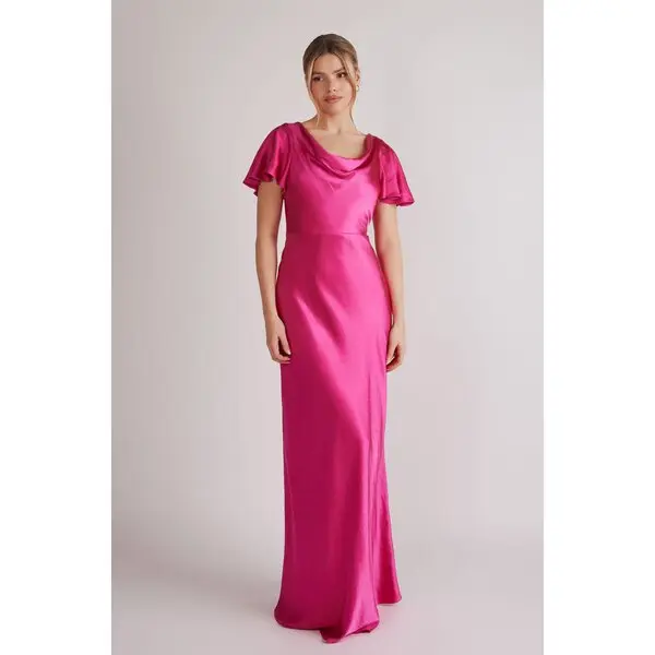 SIX STORIES Flutter Sleeve Satin Bridesmaid Dress - Fuchsia