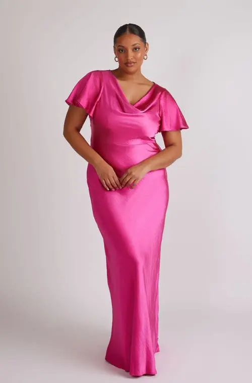 SIX STORIES Flutter Sleeve Satin Bridesmaid Dress - Fuchsia