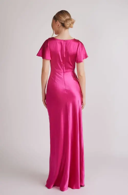 SIX STORIES Flutter Sleeve Satin Bridesmaid Dress - Fuchsia