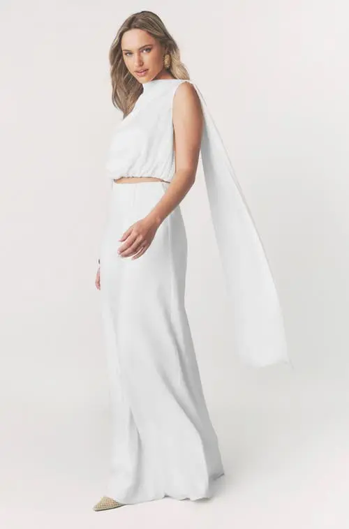 SIX STORIES Satin High Neck Top With Drape Detail - Ivory