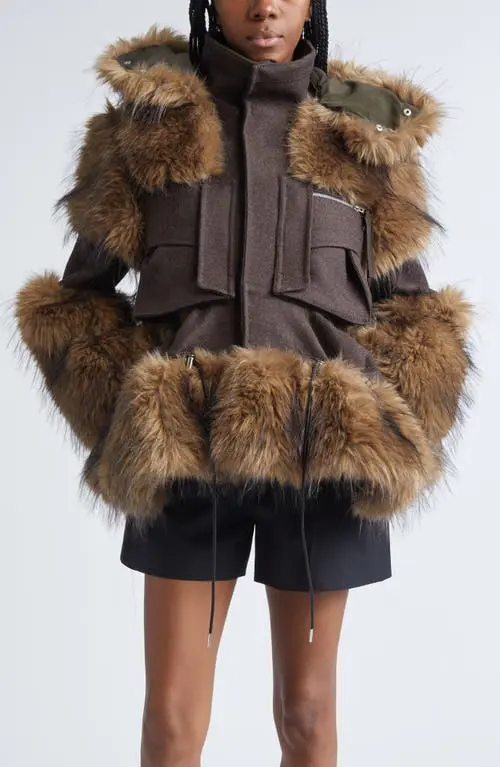 Sacai Melton Wool & Faux Fur Jacket - Brown/beige