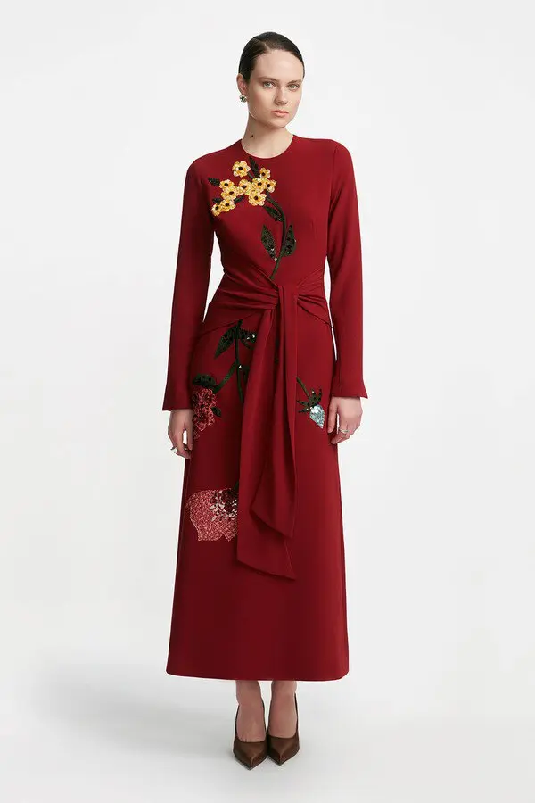 Lela Rose Floral Embroidery Tie Waist Dress In Burgundy / Purple - 50% Off  | Editorialist