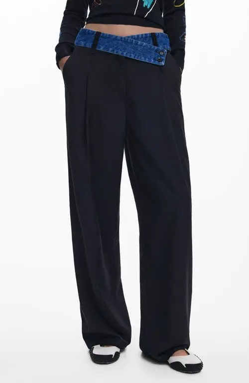Desigual Denim Crossover Waist Wide Leg Trousers - Black