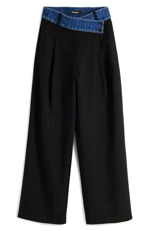 Desigual Denim Crossover Waist Wide Leg Trousers - Black