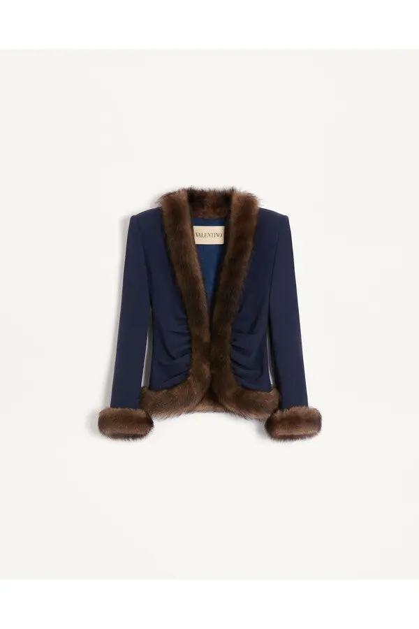 Valentino Garavani Wool Crepe Jacket With Shearling Trim - Navy