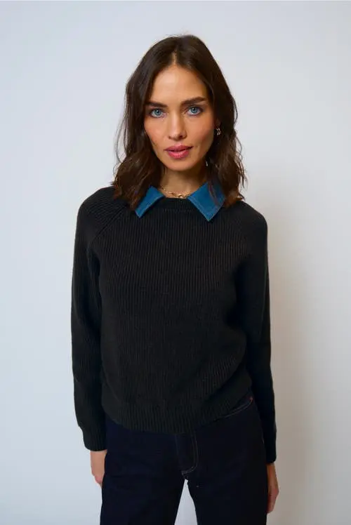 Central Park West Dash Denim Collar Pullover - Black