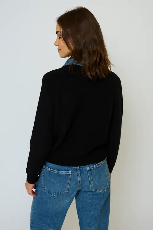 Central Park West Dash Denim Collar Pullover - Black
