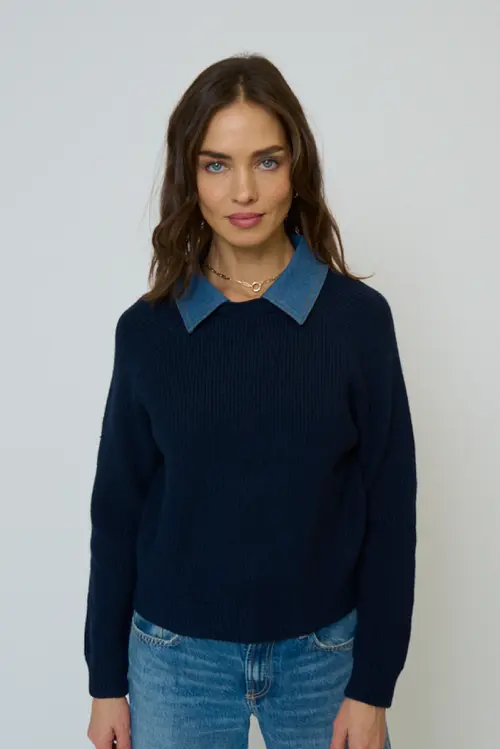 Central Park West Denim Collar Pullover - Navy
