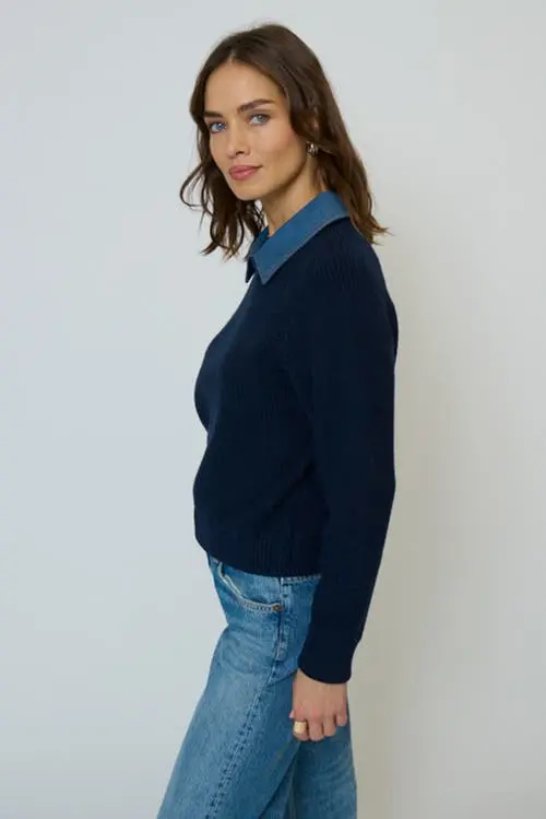 Central Park West Denim Collar Pullover - Navy