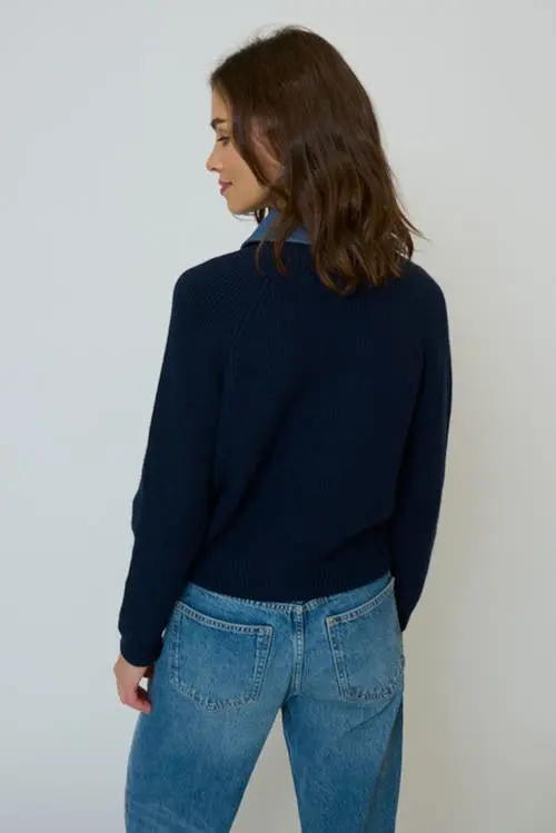 Central Park West Denim Collar Pullover - Navy
