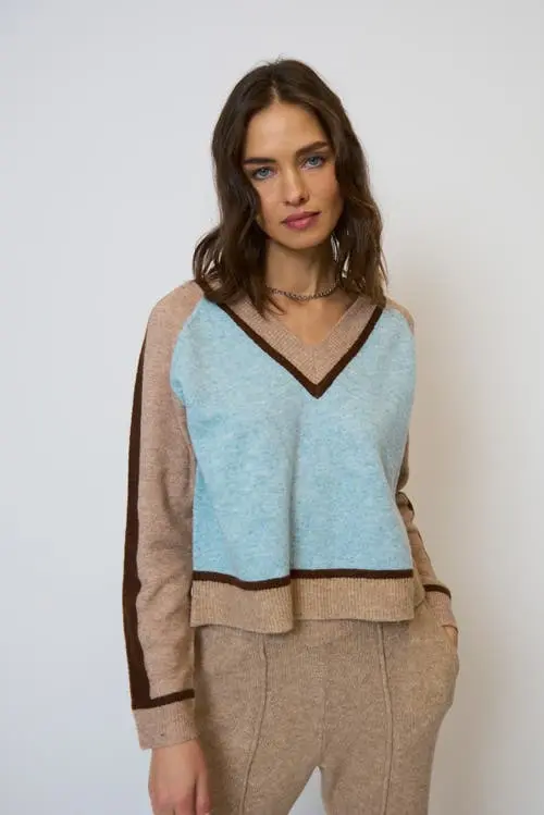 Central Park West Color Blocked V-neck Sweater