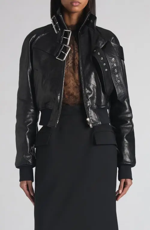 Alexander McQueen Lambskin Leather Cropped Bomber Jacket With Belt Detail