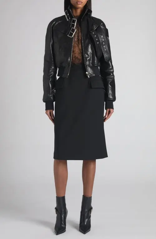 Alexander McQueen Lambskin Leather Cropped Bomber Jacket With Belt Detail