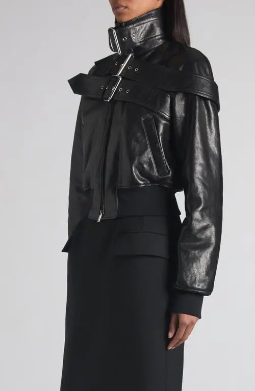 Alexander McQueen Lambskin Leather Cropped Bomber Jacket With Belt Detail