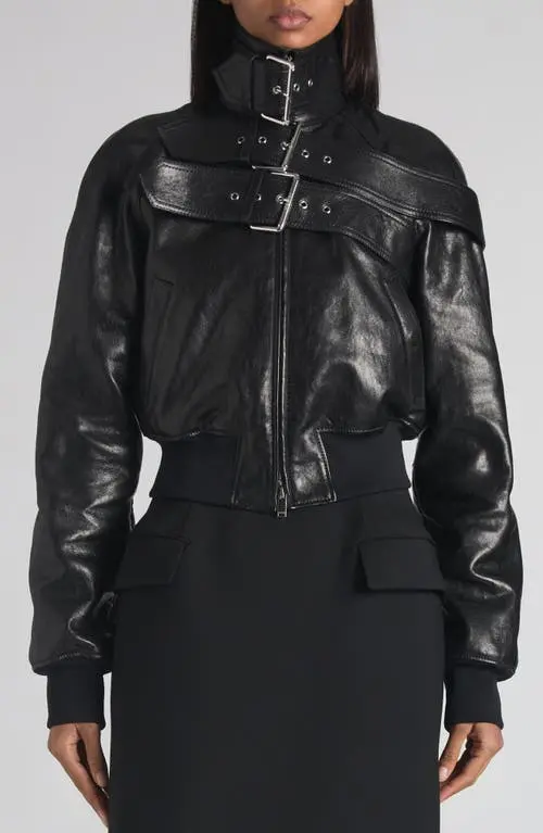 Alexander McQueen Lambskin Leather Cropped Bomber Jacket With Belt Detail