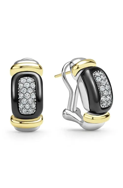 Lagos Black Ceramic Diamond Huggie Earrings - Two Tone