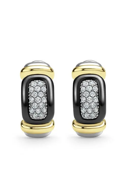 Lagos Black Ceramic Diamond Huggie Earrings - Two Tone
