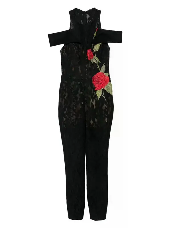 GEMY MAALOUF Rose Embroidered Off-shoulder Jumpsuit - Black