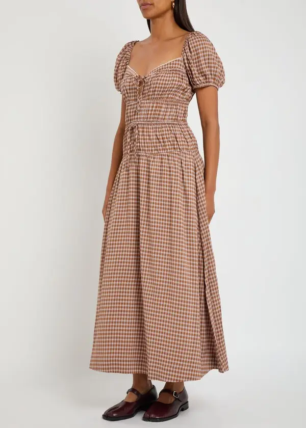 reformation brown checkered dress Reformation Rhett Checked Woven Midi Dress In Multicoloured - 60% Off