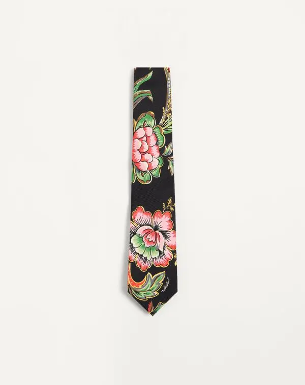 Valentino Garavani Silk Tie With Papier Floral Print - Black/multicolour