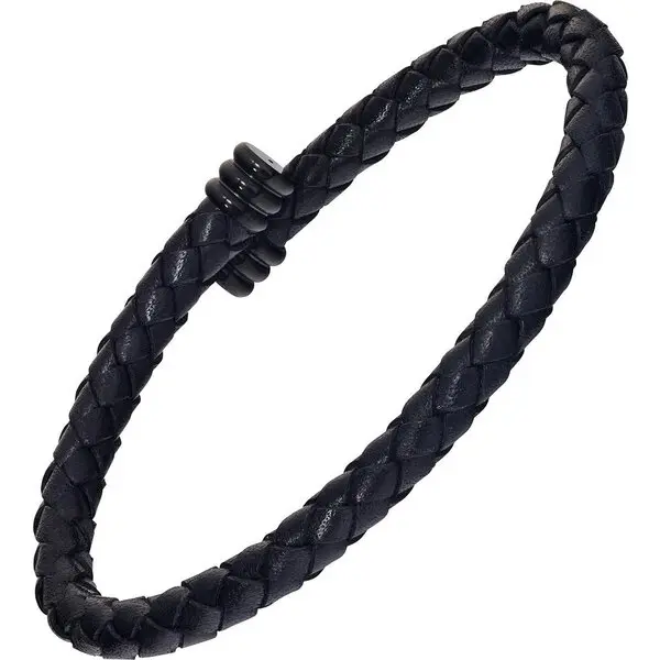 LINK UP Braided Leather Bracelet With Stainless Steel End Caps - Black