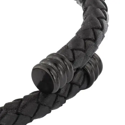 LINK UP Braided Leather Bracelet With Stainless Steel End Caps - Black