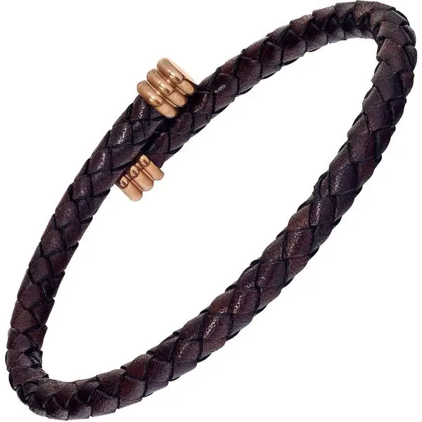 LINK UP Braided Leather Bracelet With Stainless Steel End Caps - Brown