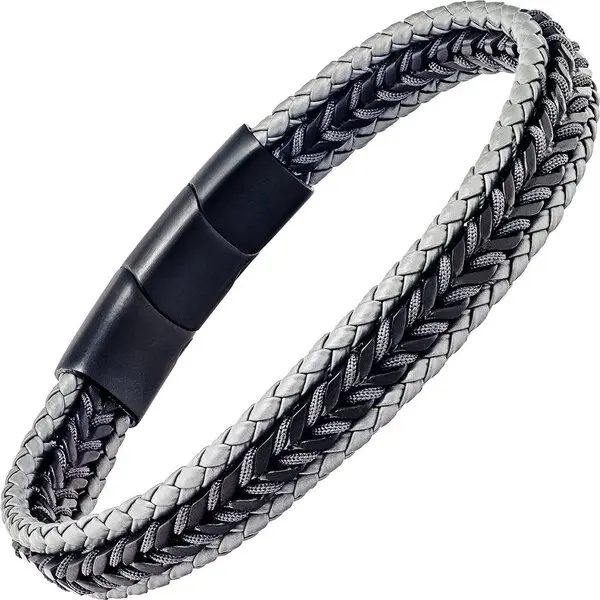 LINK UP Braided Leather And Stainless Steel Bracelet - Black/grey
