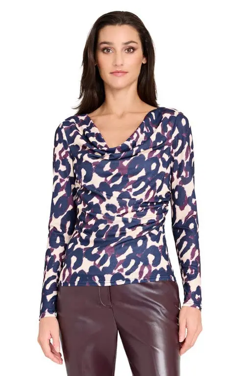 TAHARI ASL Abstract Leopard Print Cowl Neck Top