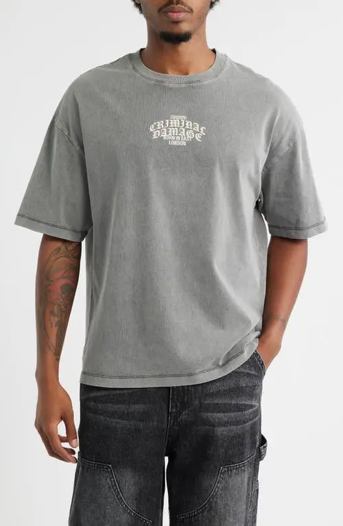 CRIMINAL DAMAGE Logo Mania Oversize Embroidered Graphic T-shirt - Washed Grey