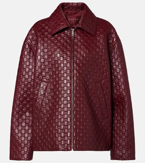 Gucci Gg Debossed Leather Jacket - Burgundy