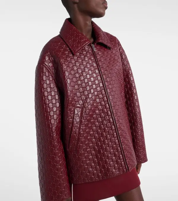 Gucci Gg Debossed Leather Jacket - Burgundy